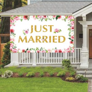 LOONELO Just Married Wedding Backdrop,Wedding Party Banner with 70.8 X43.3 inch, Floral Bridal Shower Backdrop Banner Sign for Bridal Shower Wedding Engagement Party Decorations Photography Background