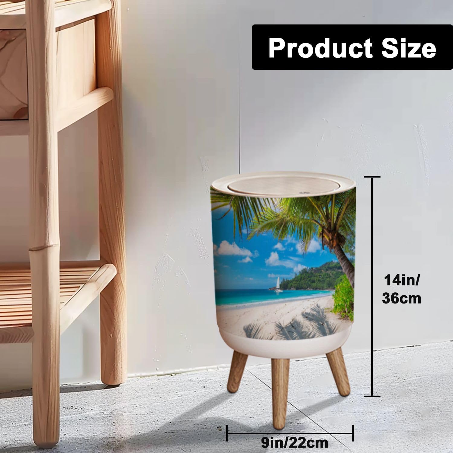 LGCZNWDFHTZ Small Trash Can with Lid for Bathroom Kitchen Office Beach Palm Trees Sailing Boat Garbage Bin Waste Basket Decorative 1.8 gallons