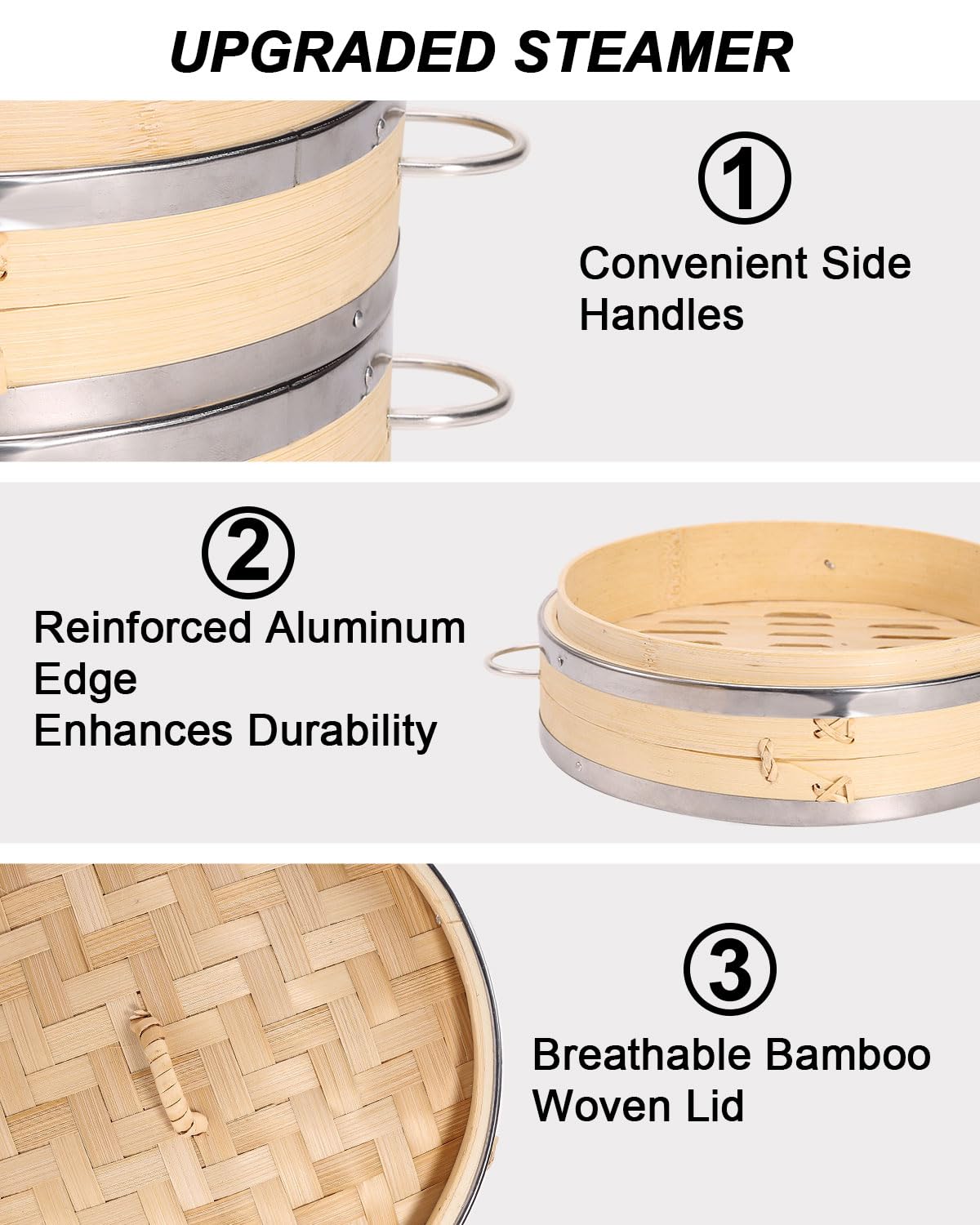 Niuirt Bamboo steamer basket set 8-inch, 2-tier dumpling steamer with side handles and 50pcs paper liners for buns, dim sum, dumplings, vegetables, and seafood.