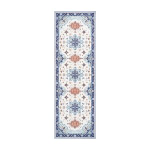 Phantoscope Hallway Runner Rug 2'x6'-Long Rug Runner Boho Retro-Patterned Washable Non-Slip Carpet for Kitchen Entryway Laundry Bedroom,Ultra-Thin Vintage Distressed Accent Rug,Blue/Orange/Cream