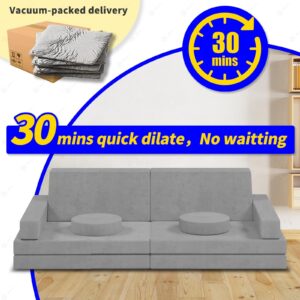 Neoriver Modular Kids Play Couch 10Pcs, 65.4" Kids Couch for Playroom Bedroom, Multifunctional Modular Toddler Couch, Over 10 Combinations Creative Sofa for Imaginative Kids -Grey