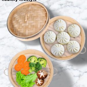 Niuirt Bamboo steamer basket set 8-inch, 2-tier dumpling steamer with side handles and 50pcs paper liners for buns, dim sum, dumplings, vegetables, and seafood.