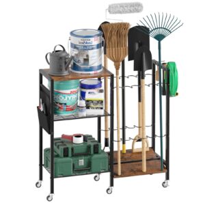 shinoske garden tool organizer with 3-tier shelves,garden tool storage rack with wheels,yard tool rack for garage organization and storage,hold long-handled tool,broom,rake,3hooks,shed,outdoor