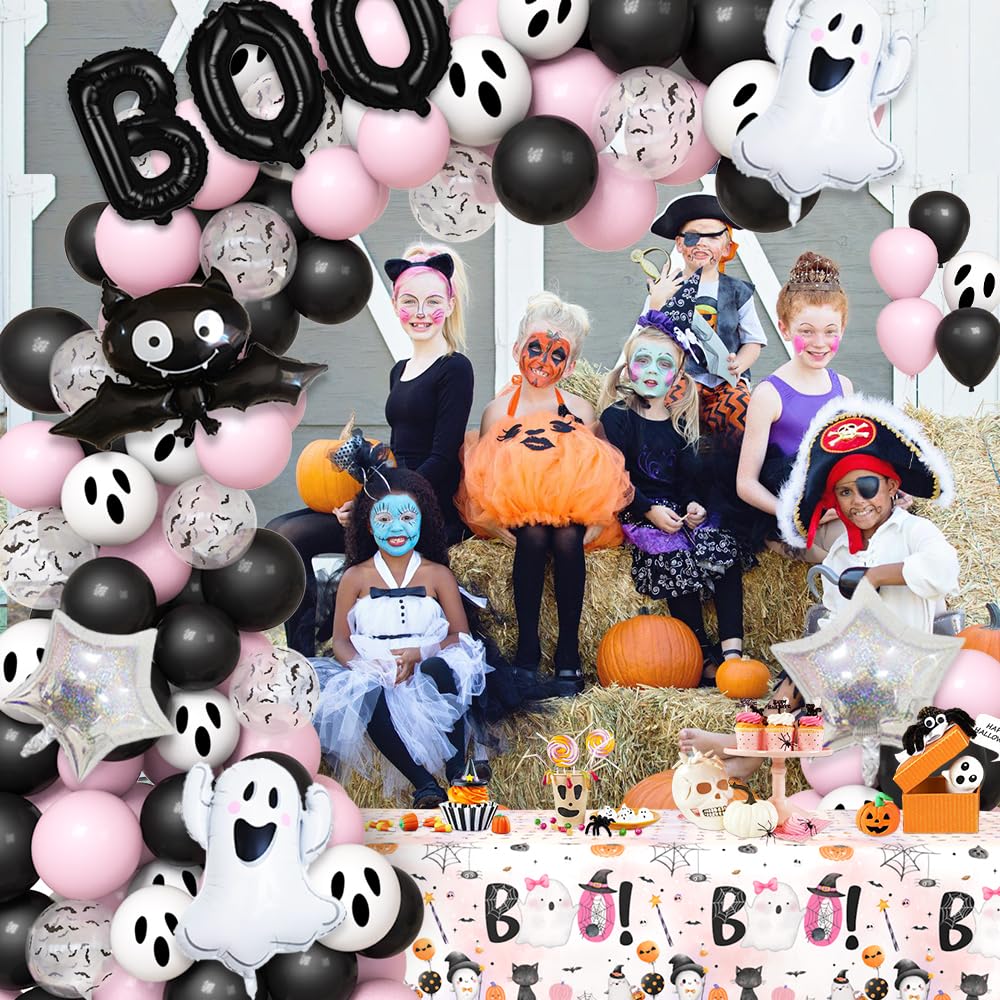 AIBIIN 112pcs Pink Black Halloween Baby Shower Decorations Halloween Little Boo Party Kit With Boo Party Tablecloth Halloween Cute Ghost Boo Balloon Garland Kit Baby Shower Birthday Party