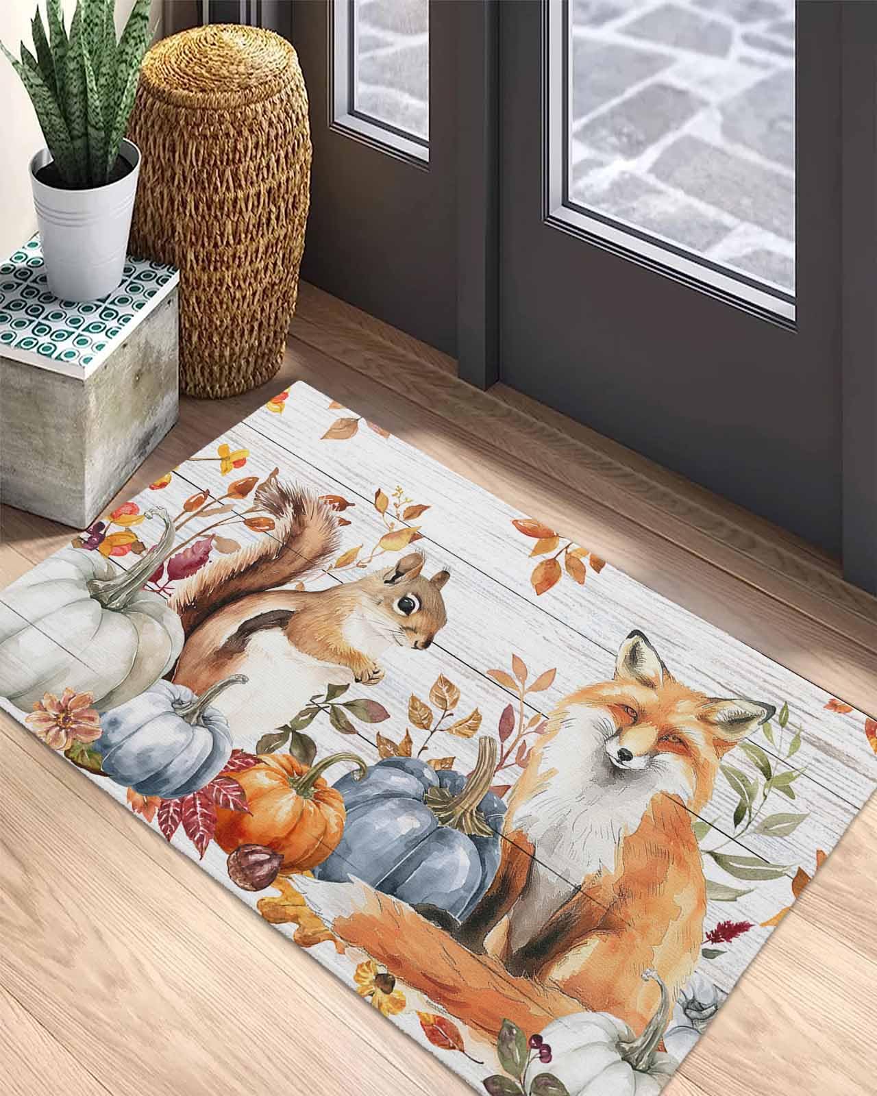 Fall Front Door Mat Outside Entrance, Thanksgiving Day Outdoor Indoor Low Profile Door Mats for Entryway, Funny Autumn Maple Leaves Pumpkin Squirrel Fox Welcome Mat Entry Doormats