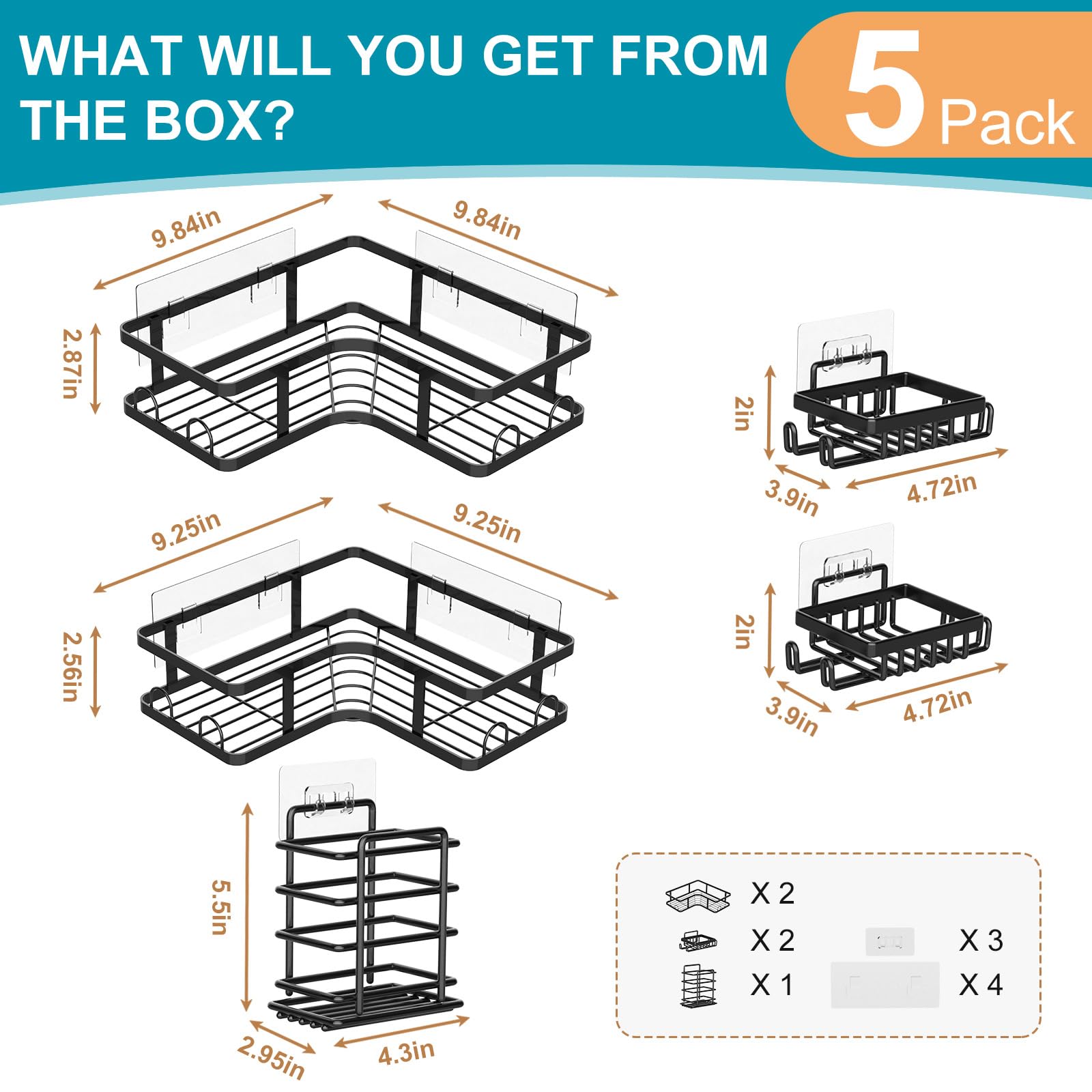 Prlsca 5 Pack Corner Shower Caddy,Large Capacity Adhesive Shower Organizer with Soap Holder & Toothpaste,No Drilling Stainless Steel Shower Shelves with Hooks for Bathroom, Dorm and Kitchen（Black）