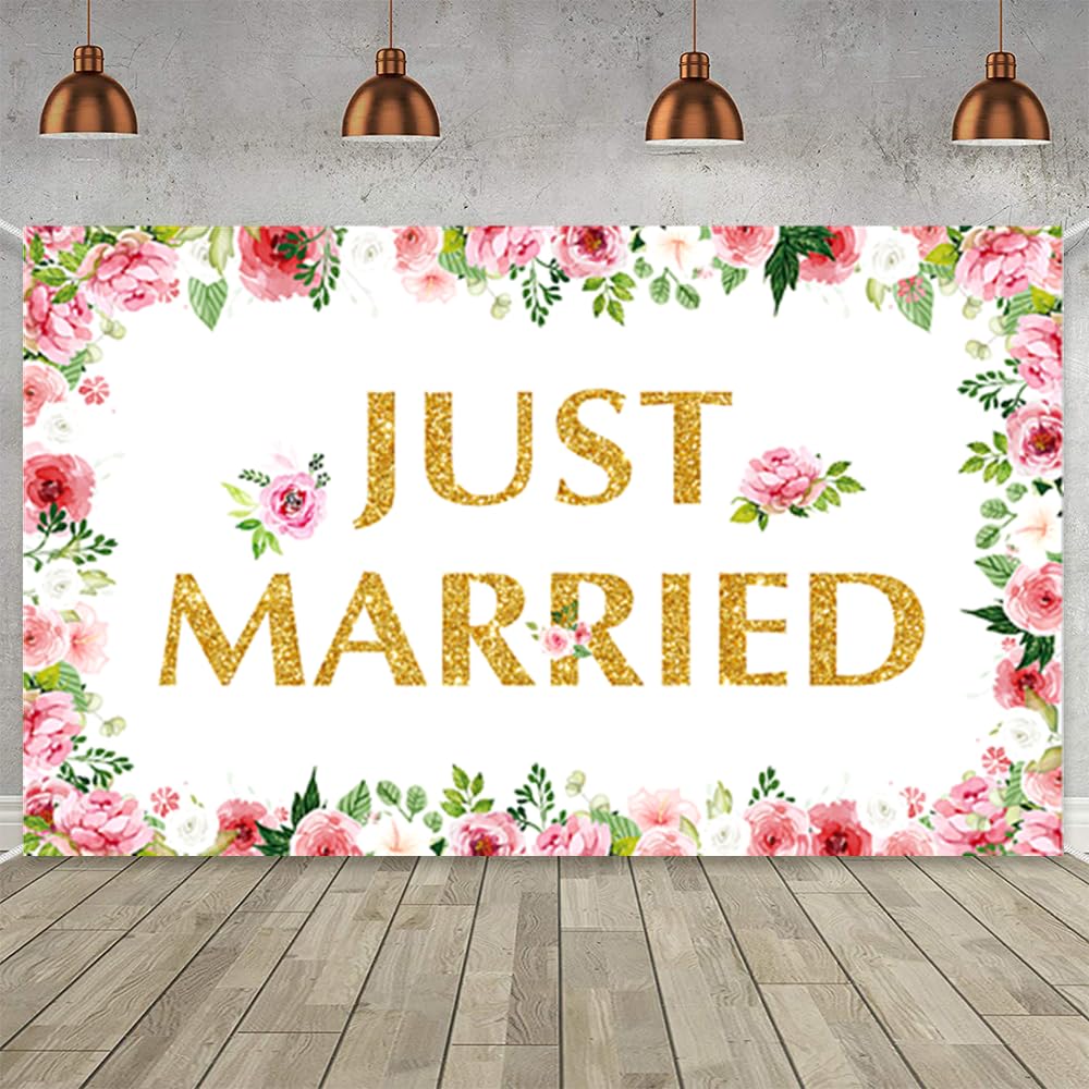 LOONELO Just Married Wedding Backdrop,Wedding Party Banner with 70.8 X43.3 inch, Floral Bridal Shower Backdrop Banner Sign for Bridal Shower Wedding Engagement Party Decorations Photography Background