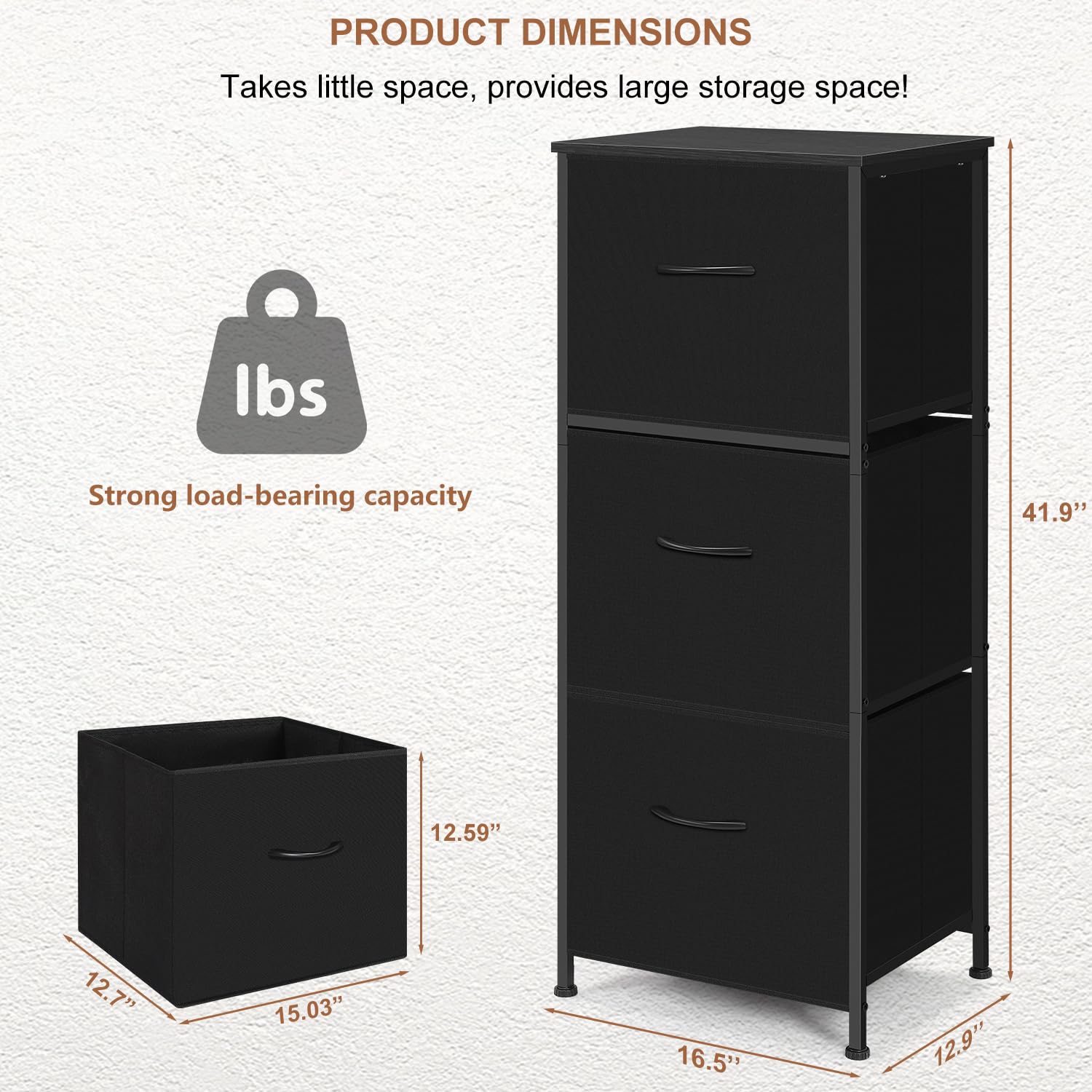 Ebeneze Dresser for Bedroom with 3 Storage Drawers, 42" Tall Fabric Closet Chests Organizer Tower Furniture with Wooden Metal Frame for Clothes, Kids, Hallway, Entryway, Small Space, Black