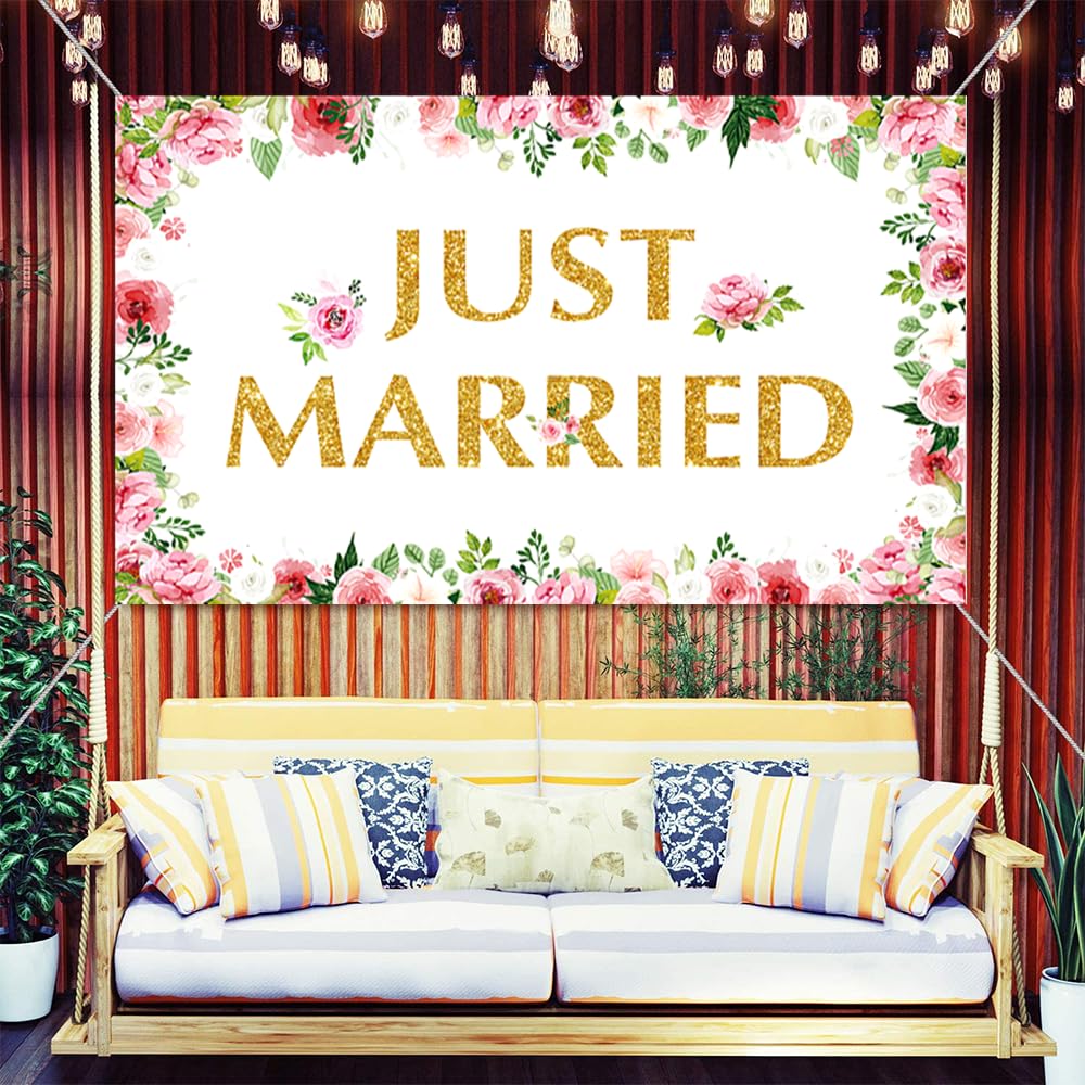 LOONELO Just Married Wedding Backdrop,Wedding Party Banner with 70.8 X43.3 inch, Floral Bridal Shower Backdrop Banner Sign for Bridal Shower Wedding Engagement Party Decorations Photography Background