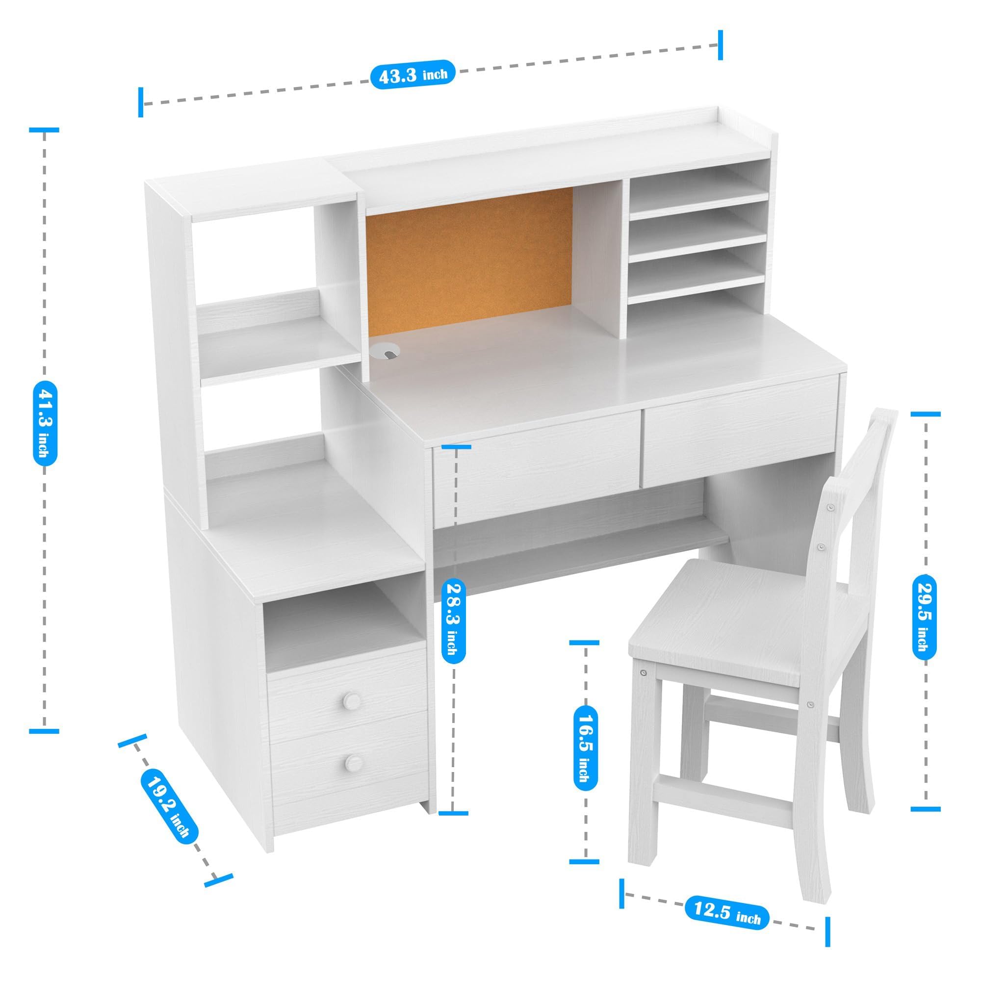 OZMSHF White Kids Desk and Chair Set for 8-12 Year Old，Kids Desk with Storage with 4 Drawers, Wooden Children School Study Table with Hutch，Kids Table and Chairs Ages 6-12