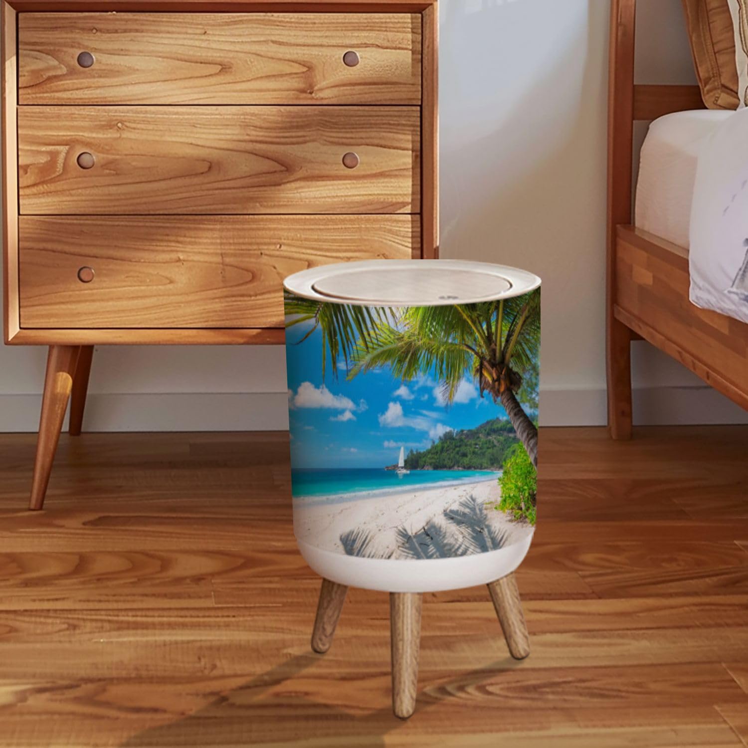 LGCZNWDFHTZ Small Trash Can with Lid for Bathroom Kitchen Office Beach Palm Trees Sailing Boat Garbage Bin Waste Basket Decorative 1.8 gallons