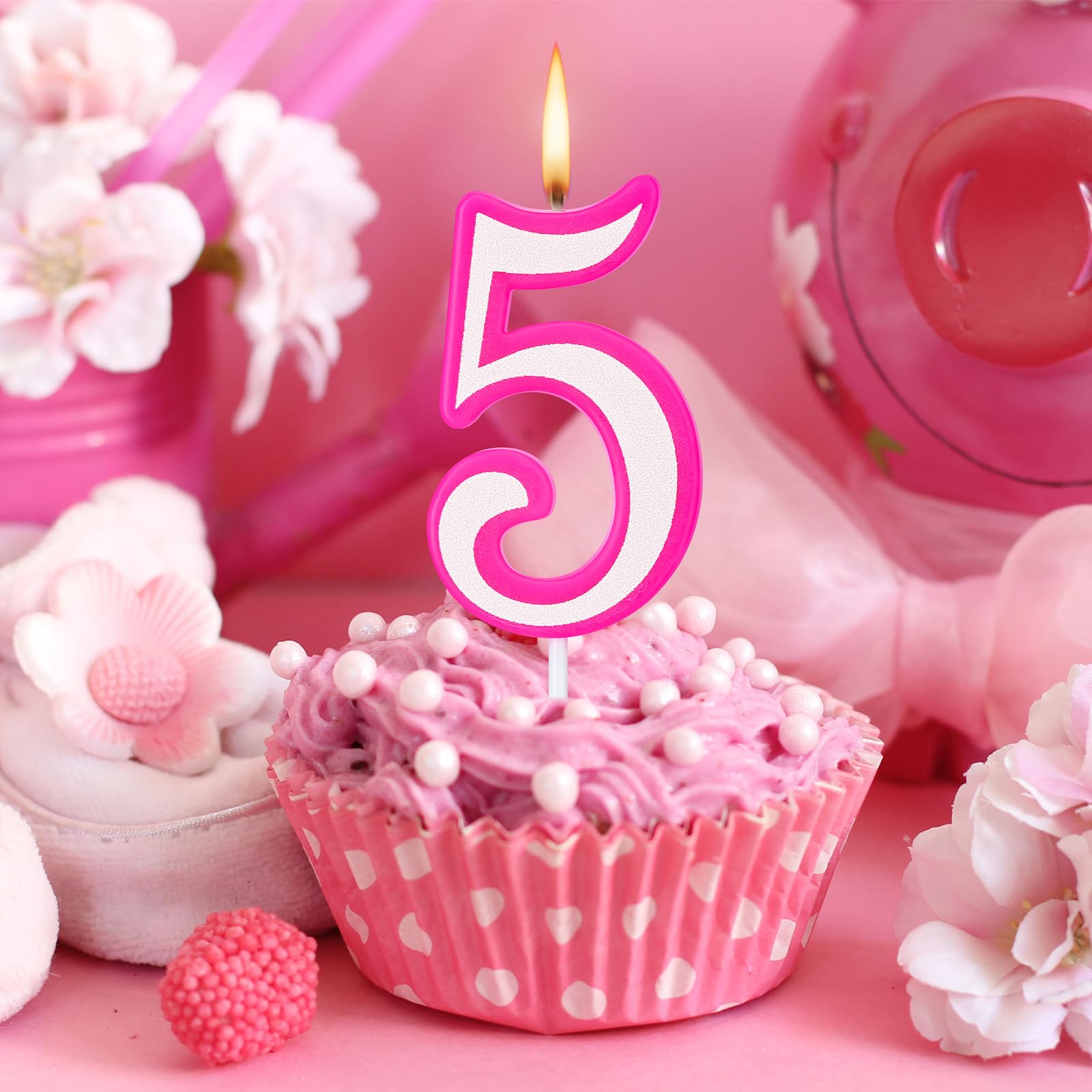 MTLEE Hot Pink Girl Birthday Candle Pink Numeral Birthday Candle Pink and White Birthday Cake Topper for Children Girls Birthday Decoration Princess and Singer Theme Party Supplies (Number 5)