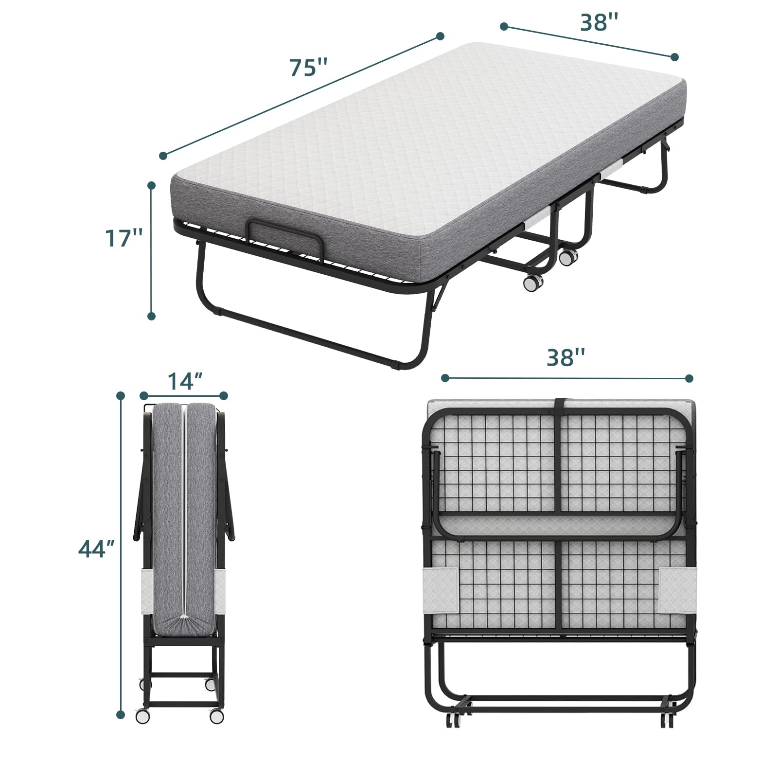 Espsilto Twin Size Folding Bed with Mattress for Adult - 75''x38'' Portable Bed Foldable Bed Rollaway Bed for Guest with Thick Memory Foam Mattress - Space Saving Fold Up Bed for Easy Storage