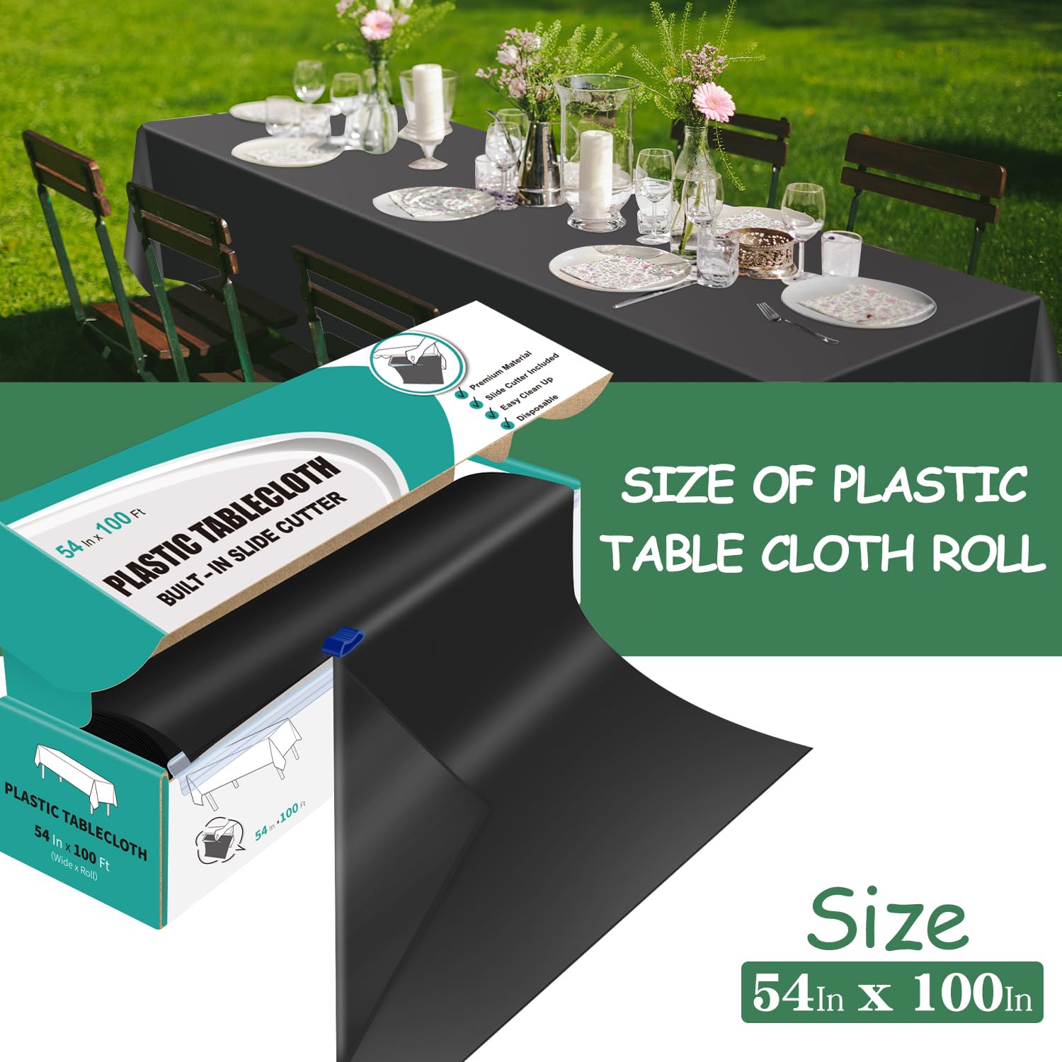 Kongdaoth 54" X 100' Plastic Tablecloth Roll Black Disposable Plastic Table Cover with Cutter Box, Disposable Table Cloth for Parties