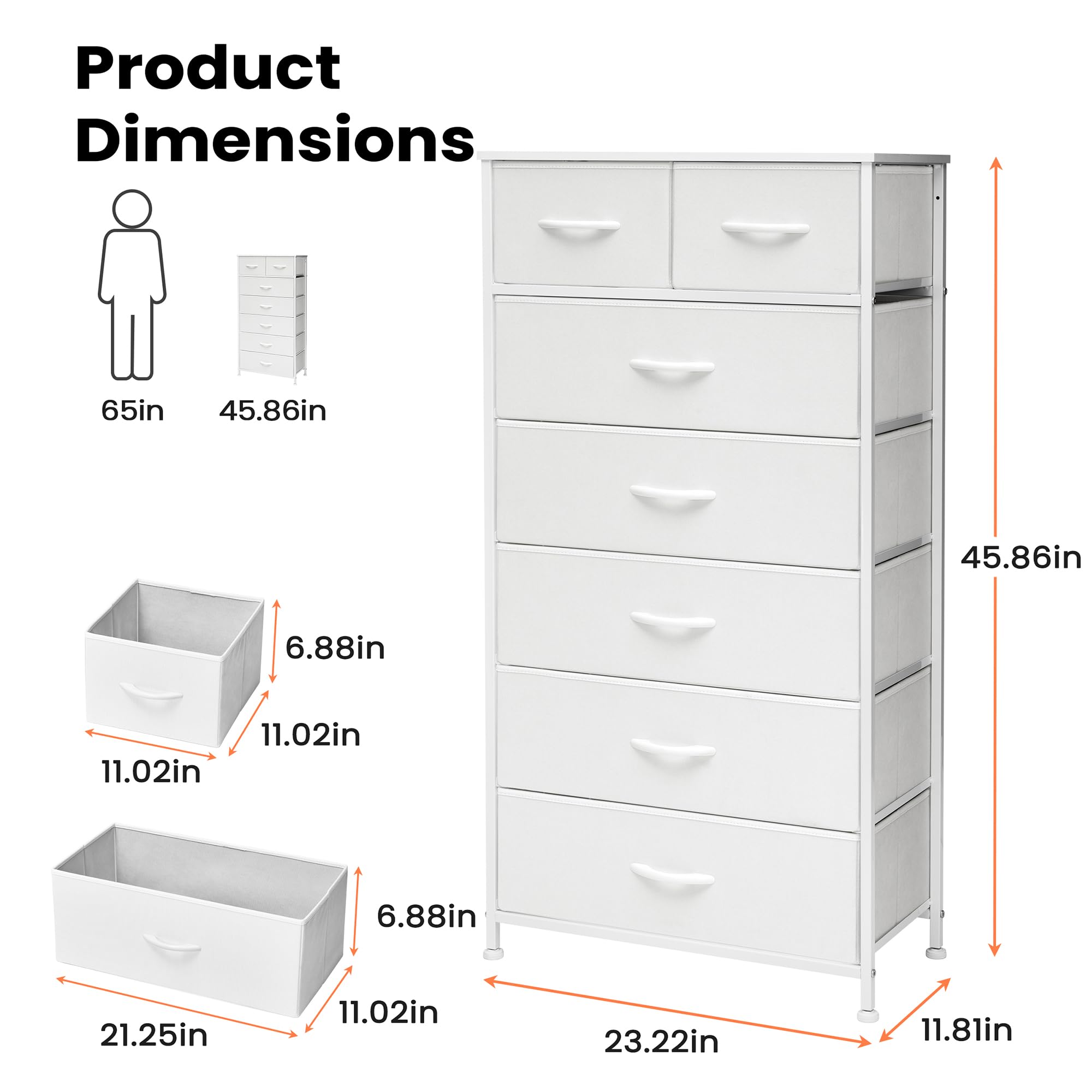 Pellebant Dresser for Bedroom with 7 Drawers, Tall Dresser Vertical Storage Tower, Sturdy Metal Frame, Fabric Storage Bins with Plastic Handle, Wooden Top, Organizer Unit for Closet/Hallway, White