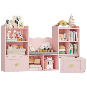 FACBOTALL Kids Bookshelf with Reading Nook, Kids Bookcase with Soft Cushion Seat, 2 Wheels Drawers and 8 Storage Cubbies, Toy Storage Organizer for Kid's Room Playroom, Bedroom, School, Pink