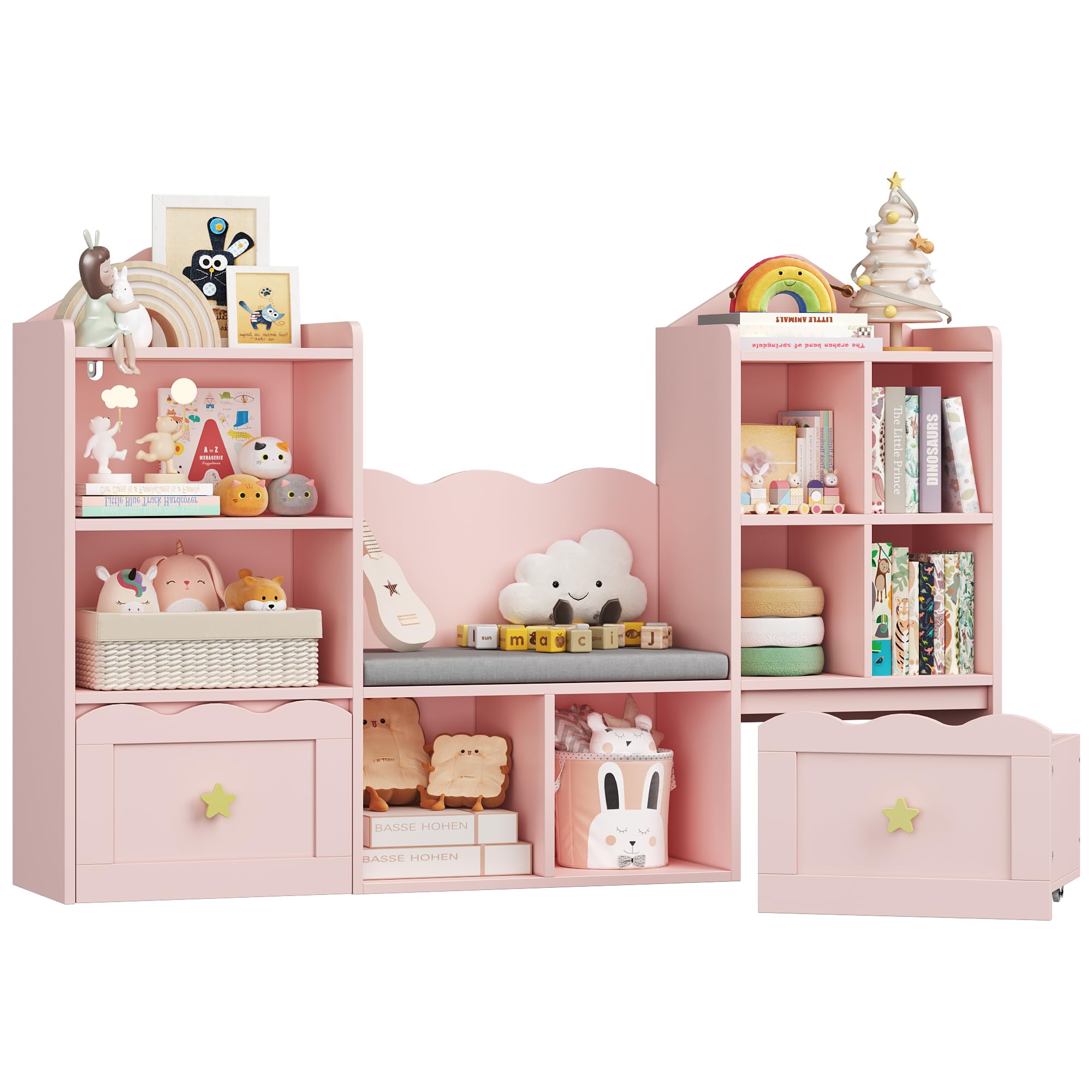 FACBOTALL Kids Bookshelf with Reading Nook, Kids Bookcase with Soft Cushion Seat, 2 Wheels Drawers and 8 Storage Cubbies, Toy Storage Organizer for Kid's Room Playroom, Bedroom, School, Pink