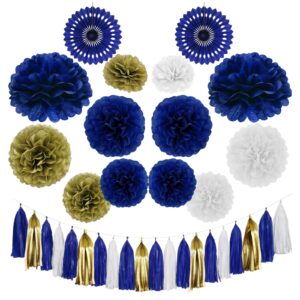 envibe navy blue white gold party decorations, tissue paper pom poms for birthday decorations, baby showers, gender reveal, bridal shower decorations, 34 pcs blue wedding decorations.