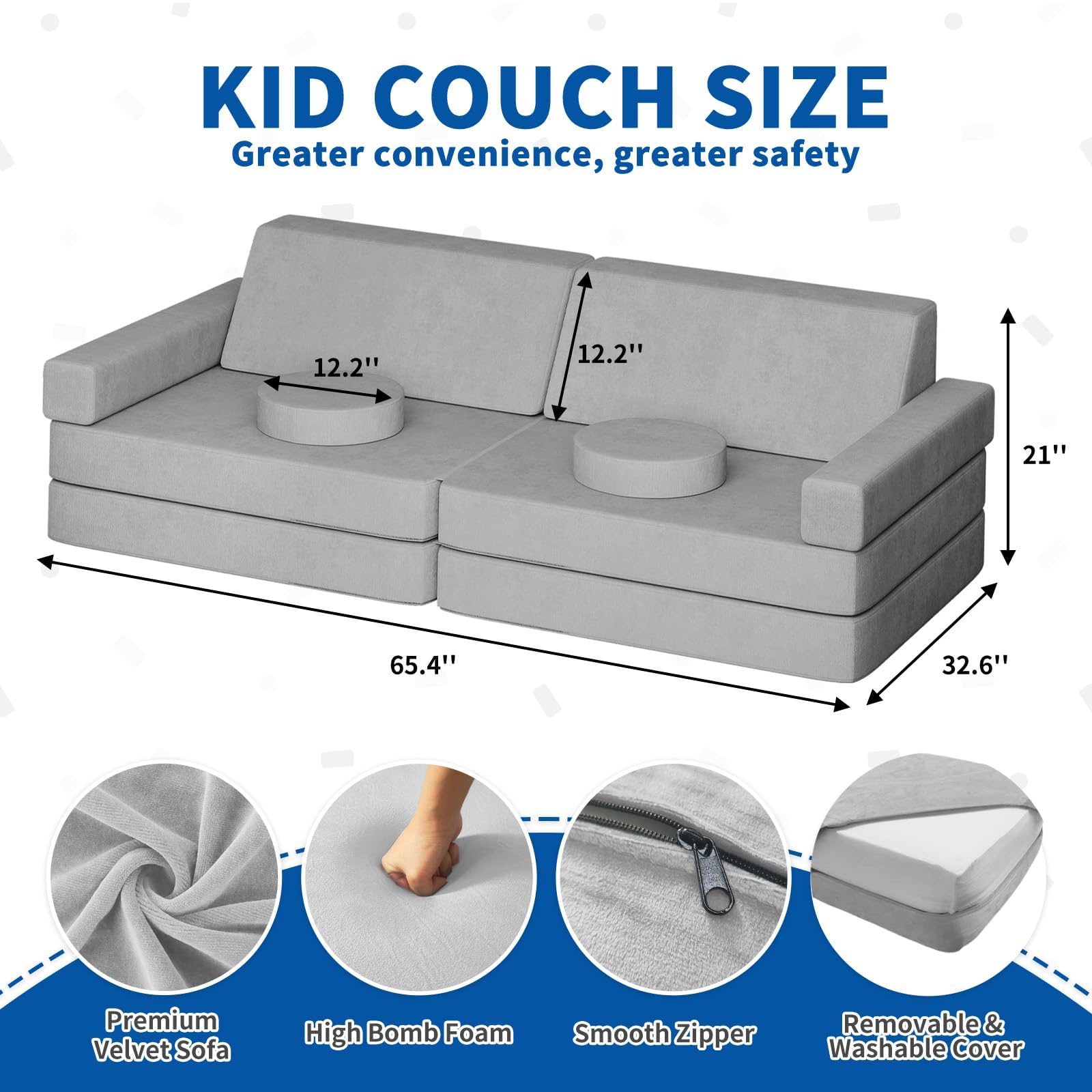 Neoriver Modular Kids Play Couch 10Pcs, 65.4" Kids Couch for Playroom Bedroom, Multifunctional Modular Toddler Couch, Over 10 Combinations Creative Sofa for Imaginative Kids -Grey