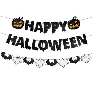 black glitter happy halloween banner - halloween hanging paper garland bunting banner with pumpkin, ghost, and bat decorations, photo backdrop for wall home mantle office wall scary party supplies