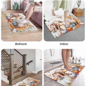 Fall Front Door Mat Outside Entrance, Thanksgiving Day Outdoor Indoor Low Profile Door Mats for Entryway, Funny Autumn Maple Leaves Pumpkin Squirrel Fox Welcome Mat Entry Doormats