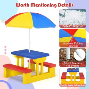 HOMGX Kids Picnic Table, Toddler Picnic Table with Removable & Foldable Umbrella, Plastic Children Patio Furniture for Garden Backyard, Kids Outdoor Table, Multicolored