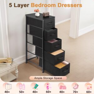 Ebeneze Narrow Dresser with 5 Drawers, Storage Cabinet, Slim Fabric Tower with Wheels, Wood Shelf, Bedroom Organizer Skinny Chest for Small Spaces, Bathroom, Living Room, Laundry, Closet, Black