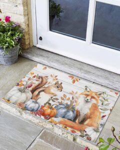 fall front door mat outside entrance, thanksgiving day outdoor indoor low profile door mats for entryway, funny autumn maple leaves pumpkin squirrel fox welcome mat entry doormats