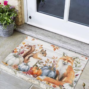 Fall Front Door Mat Outside Entrance, Thanksgiving Day Outdoor Indoor Low Profile Door Mats for Entryway, Funny Autumn Maple Leaves Pumpkin Squirrel Fox Welcome Mat Entry Doormats