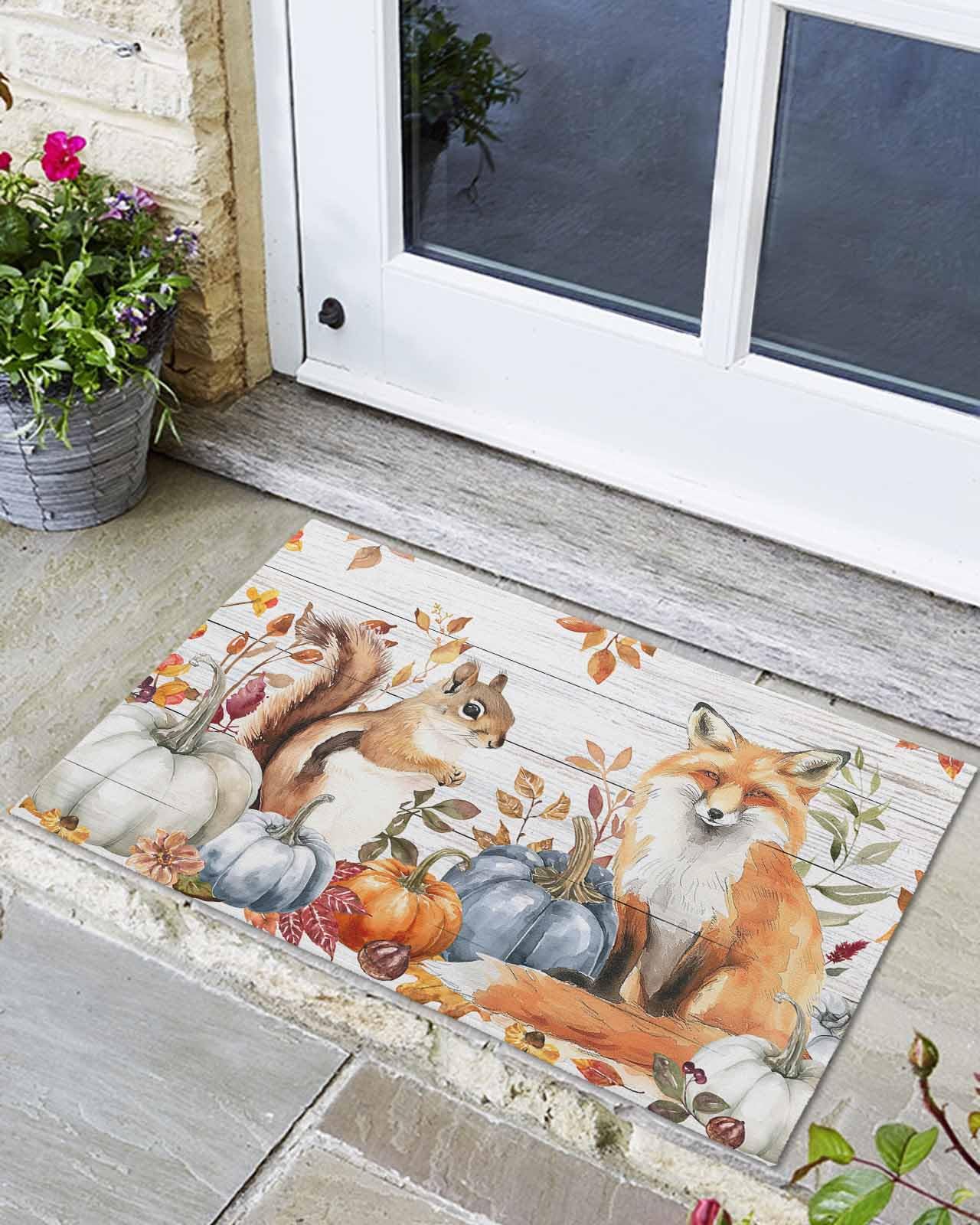 Fall Front Door Mat Outside Entrance, Thanksgiving Day Outdoor Indoor Low Profile Door Mats for Entryway, Funny Autumn Maple Leaves Pumpkin Squirrel Fox Welcome Mat Entry Doormats