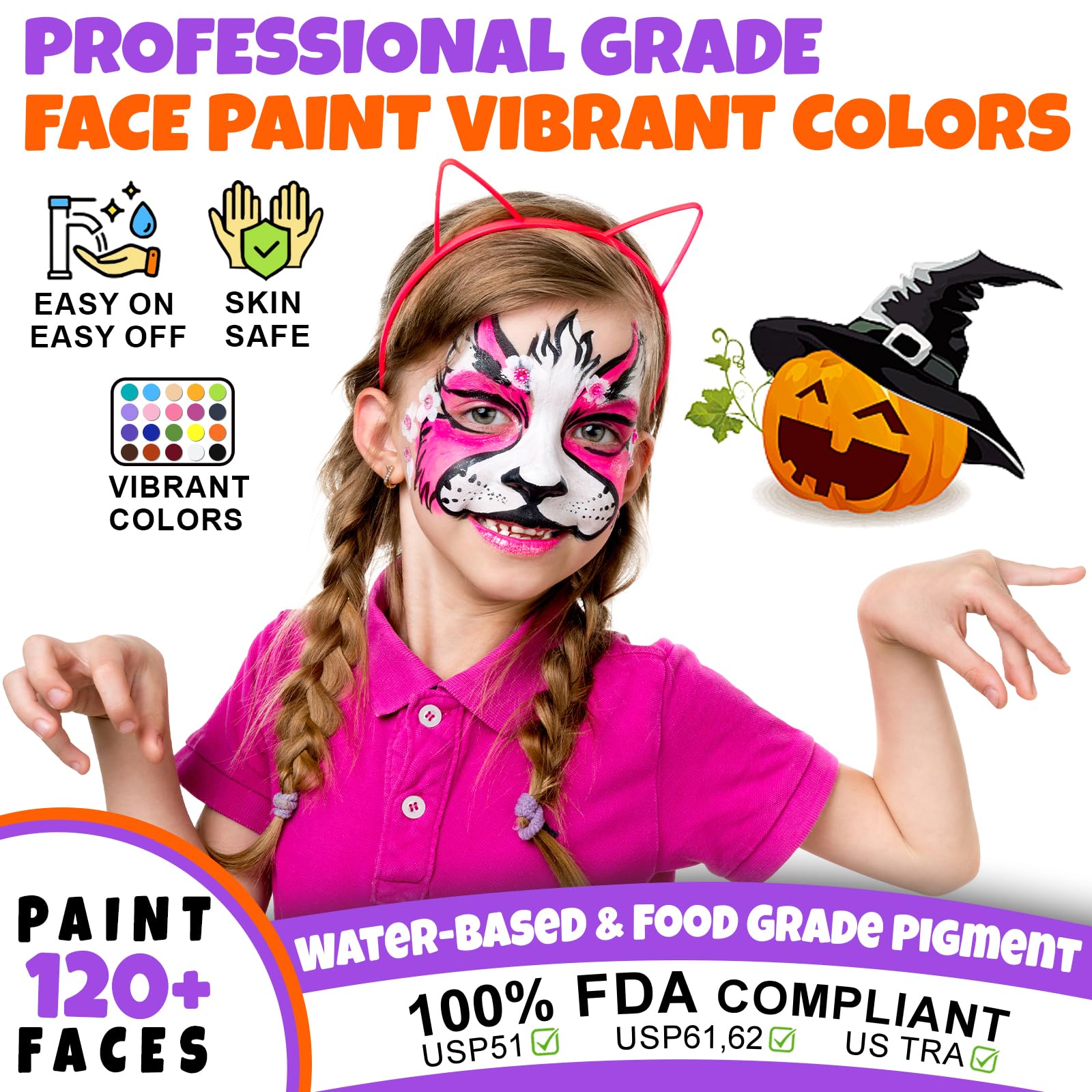 Drawdart Face Painting Kit for Kids - 24 Colors Water Based Non Toxic Face Paint Kit, Professional Face Paint for Kids with Stencils & Brushes - Parties, Birthdays, Halloween Face Body Makeup Kit