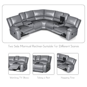 LY&S Home Collection Sectional Reclining Sofa, Sectional Couches for Living Room, Modular Manual PU Leather Recliner Sofa Livingroom Furniture Sets (Grey)