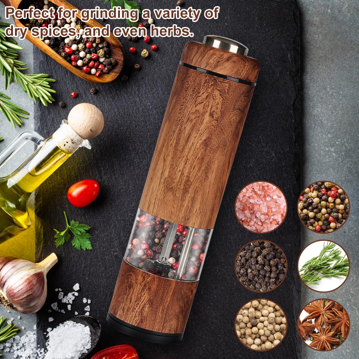 Electric Salt and Pepper Grinder Set, Batery Operated Automatic Salt and Pepper Grinder, One-Handed Operation, Salt and Pepper Grinder with LED light, Adjustable Coarseness (Wood)