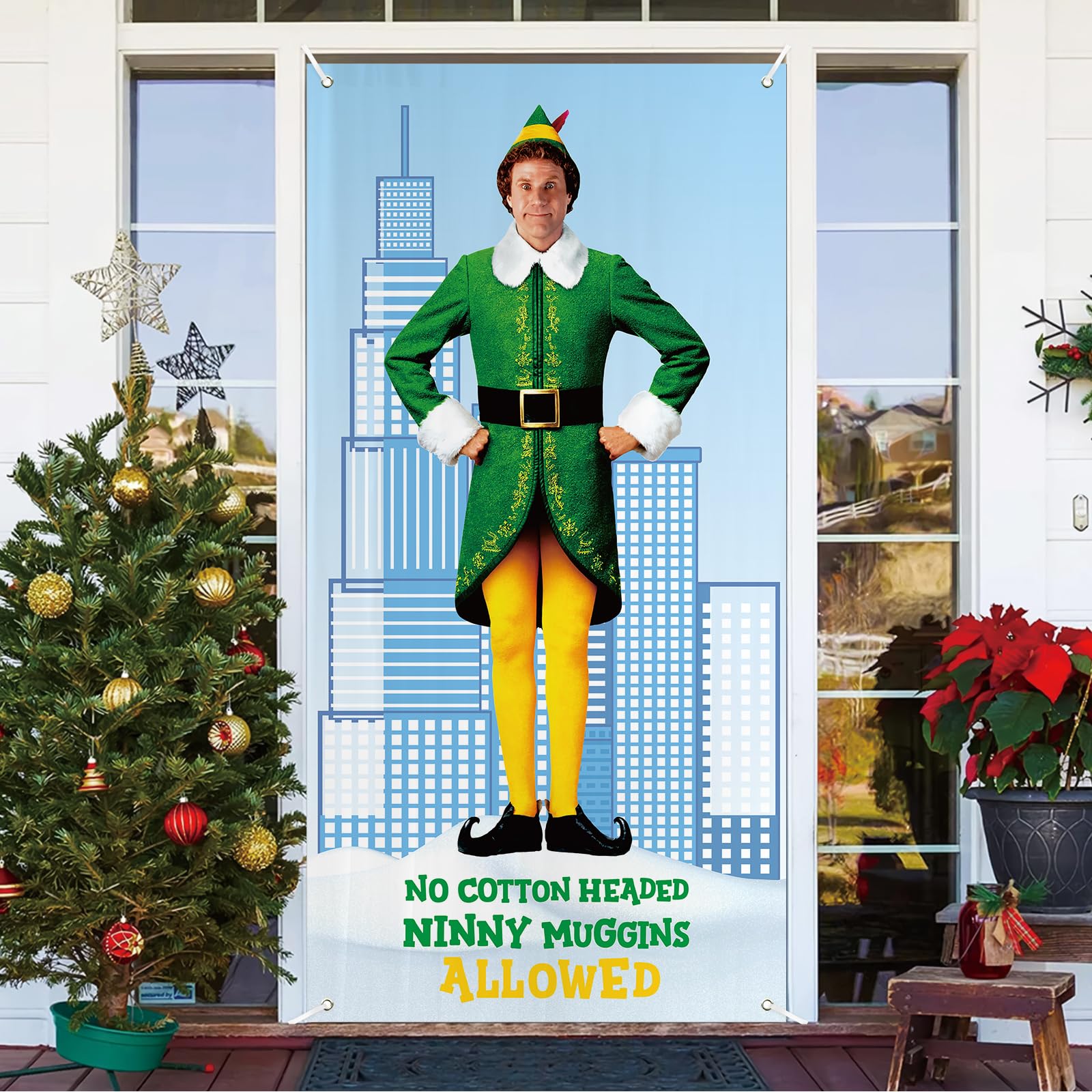 Funny Christmas Door Cover, No Cotton Headed Ninny Muggins Allowed Porch Sign for Outdoor Decorations, Buddy The Elf Photo Booth Background Banner, Elf Party Decor Supplies, 70.8x35 Inch