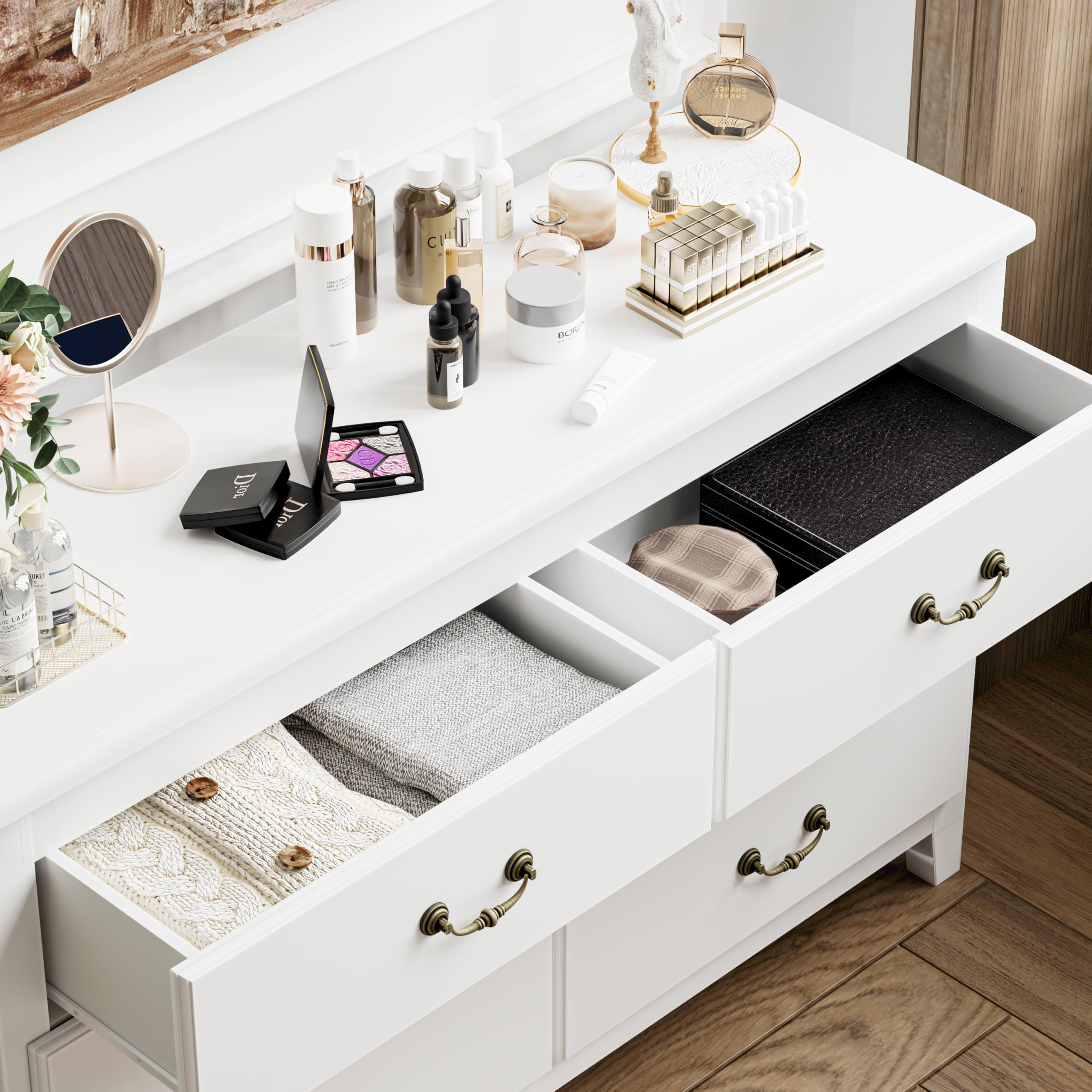 HOUROM White Dresser, Modern Farmhouse 6 Drawer Double Dresser for Bedroom Adults & Kids with Vintage Gold Pulls, Wide Dressers & Chests of Drawers, 6 Drawer Dressers for Hallway, Antique White