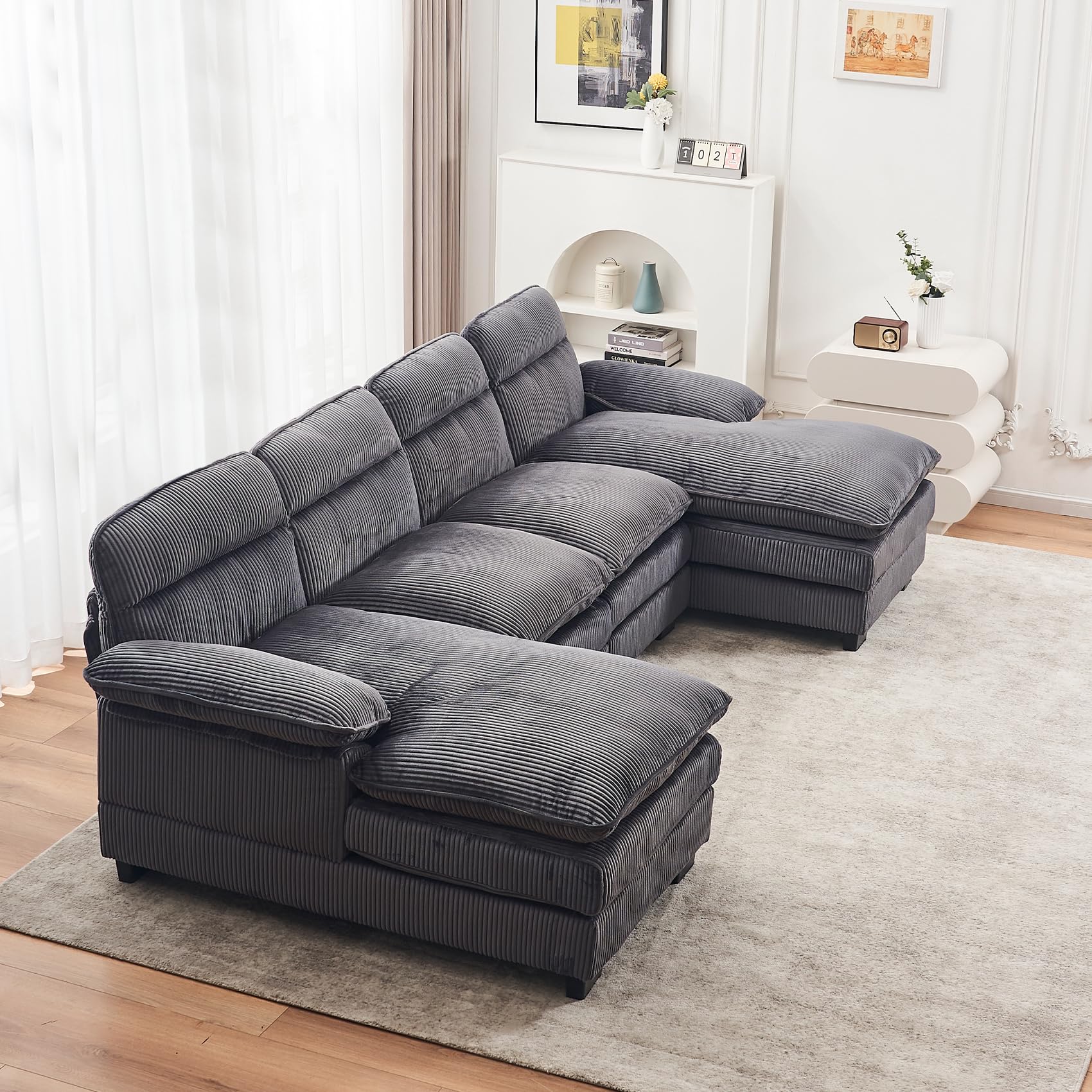 ZX Design 111" Sectional Sofa, Comfortable Cloud Couch for Living Room，U Shape Couch, Modern Dual Recliner Combo Sofa Sleeper with Soft Armrests & Memory Foam for Living Room (Corduroy Gray)