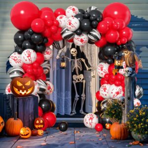 Halloween Balloons Garland Arch Kit, 125 PC Red Black Scary Halloween Balloons with Marble Balloon Bloody Hand Prints Balloons, Horror Balloons for Scream Creepy Gothic Halloween Decorations Indoor