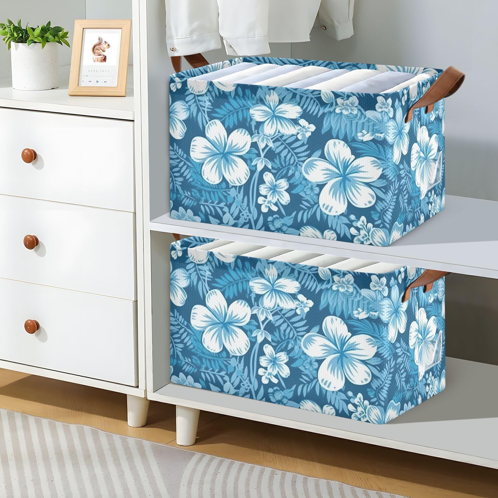 SPRIPORT Hawaii Blue Flowers Foldable Storage Cube for Shelves Fabric Storage Bin with Metal Frame & Double Handles Large Storage Box for Organizing Clothes Blankets Toys Books