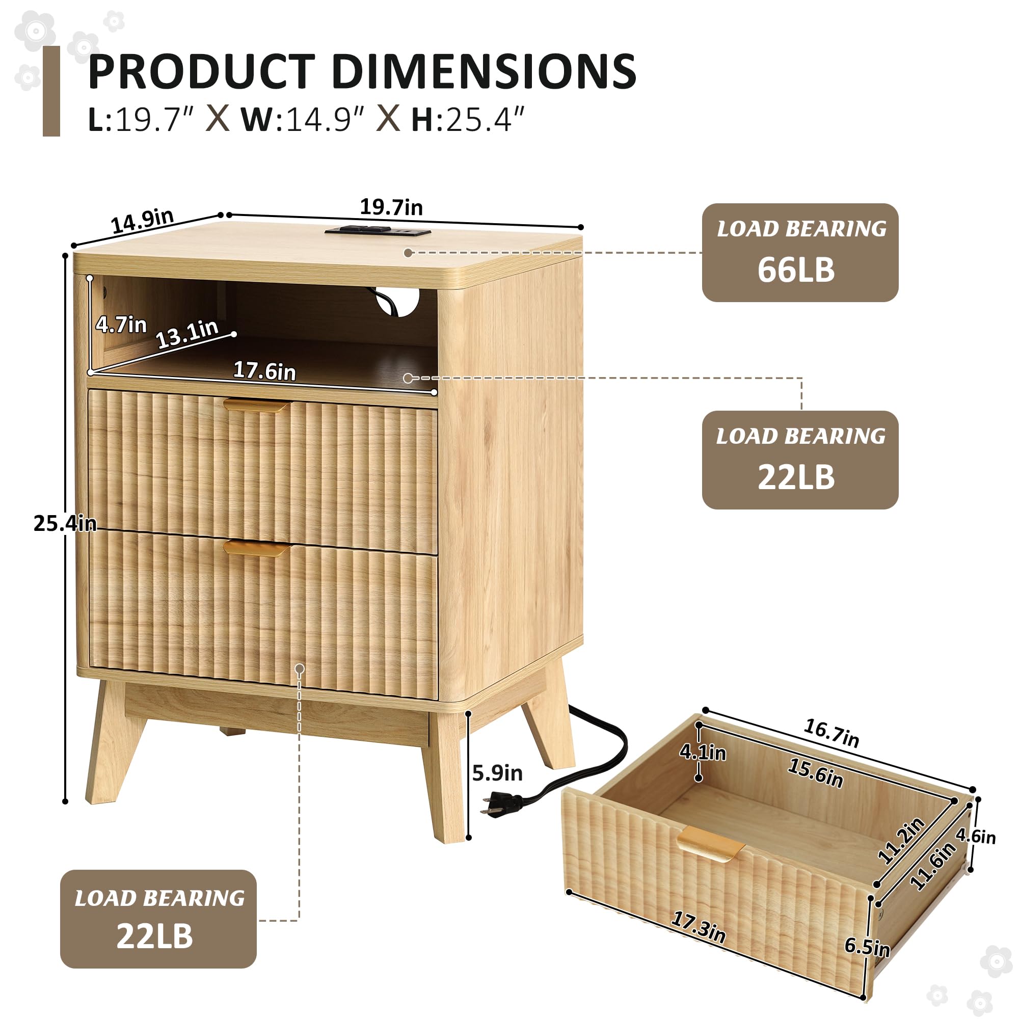 Fluted Nightstand with Charging Station, 19.7 inch Wide End Table with 2 Drawers, Modern Wood Bedside Table for Bedroom, Natural