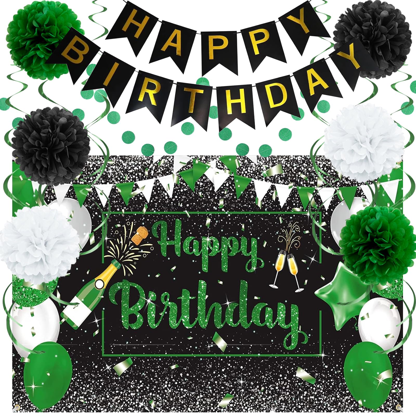 Birthday Decorations Kit for Men, Green and Black Birthday Party Decor Boy with Plastic Backdrop, HBD Banner, Paper Pompoms, Hanging Swirl and Circle Dot Garland