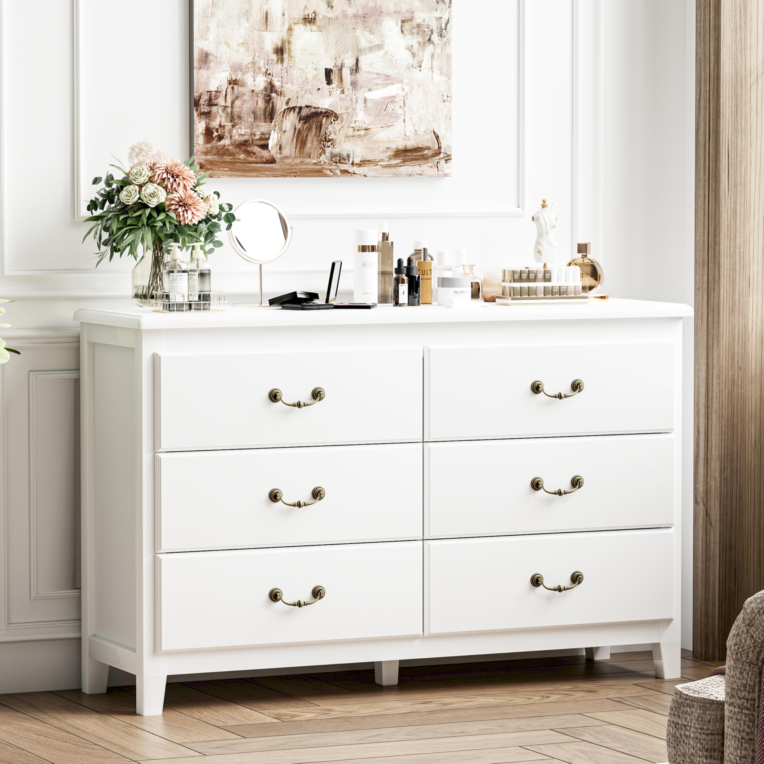 HOUROM White Dresser, Modern Farmhouse 6 Drawer Double Dresser for Bedroom Adults & Kids with Vintage Gold Pulls, Wide Dressers & Chests of Drawers, 6 Drawer Dressers for Hallway, Antique White