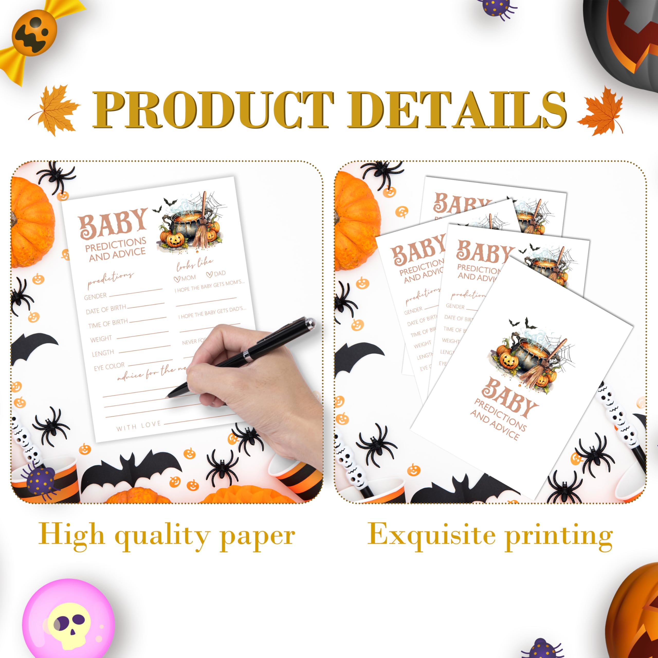 TIOFUNO Halloween Baby Shower Games, Baby Predictions and Advice Cards, 5x7 in, Halloween Baby Shower Party Favor Decorations Supplies - A01