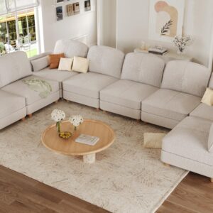 LLappuil Oversized Sectional Couch L Shaped Modular Sofa with Storage, Corner Cloud Sofa with Chaise, 141 in Width, 8 Seat Sofa, Teddy Velvet, Off White