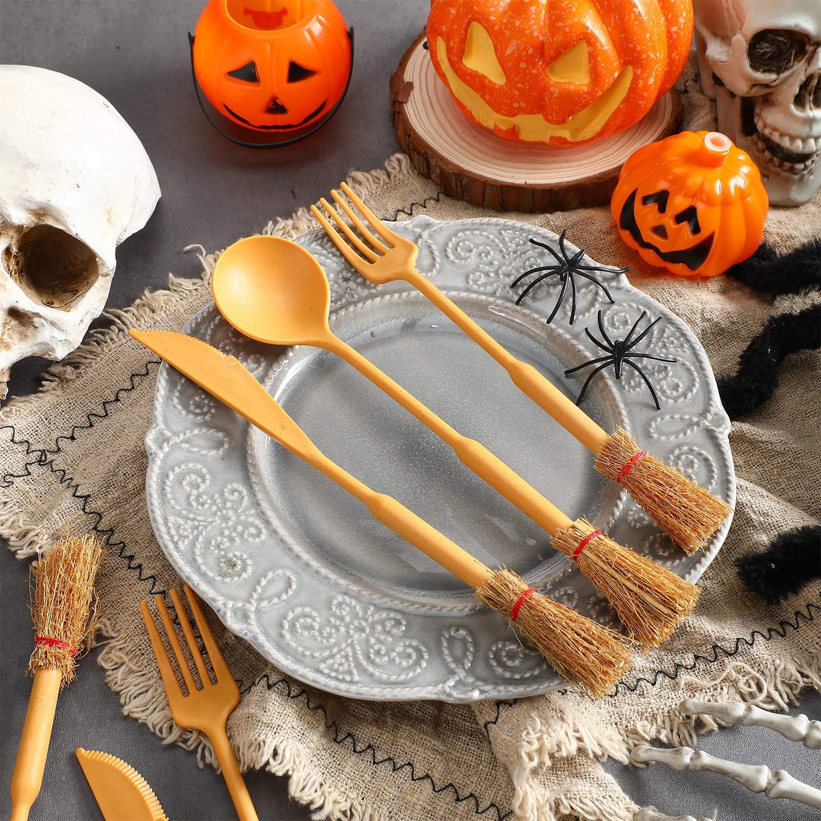 Teenyyou 30 Pcs Halloween Plastic Cutlery Set Includes 10 Forks 10 Spoons 10 Knives Halloween Party Favors Idea Witch's Broom Cutlery Stuff Utensil Spooky Kitchen Accessories for Thanksgiving