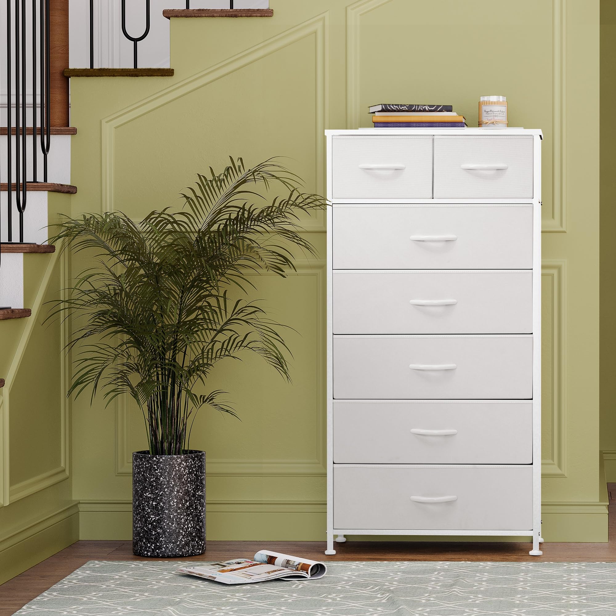 Pellebant Dresser for Bedroom with 7 Drawers, Tall Dresser Vertical Storage Tower, Sturdy Metal Frame, Fabric Storage Bins with Plastic Handle, Wooden Top, Organizer Unit for Closet/Hallway, White