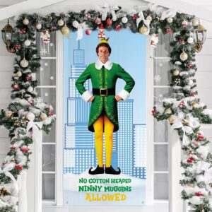 funny christmas door cover, no cotton headed ninny muggins allowed porch sign for outdoor decorations, buddy the elf photo booth background banner, elf party decor supplies, 70.8x35 inch