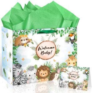 baby jungle animals gift bag green welcome baby gift bag safari baby shower wild animal paper bags newborn birthday wrapping bag with tissue paper and greeting card for new parents gender reveal party