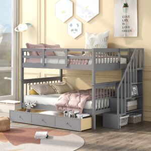 Harper & Bright Designs Full Over Full Bunk Bed with Storage, Solid Wood Full Bunk Bed Frame with Stairs and Drawers, for Kids Teens Adults (Gray)