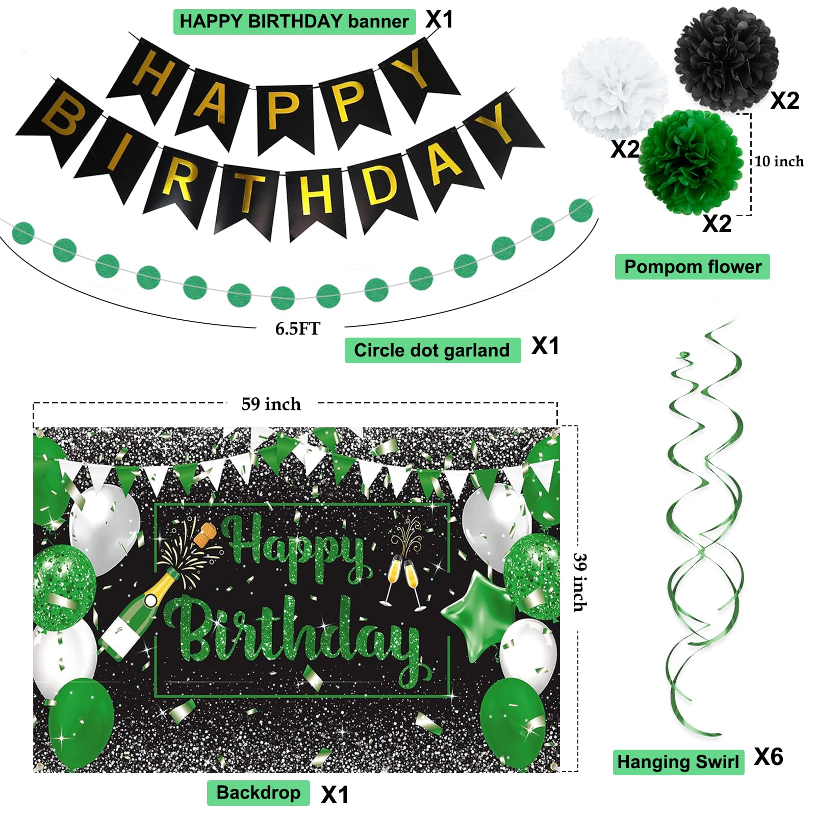 Birthday Decorations Kit for Men, Green and Black Birthday Party Decor Boy with Plastic Backdrop, HBD Banner, Paper Pompoms, Hanging Swirl and Circle Dot Garland