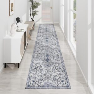 sallous vinyl mat, 2x8ft runner rug for hallway, non-slip waterproof area rug for living room, washable floor mat for kitchen, bathroom, entryway (grayish blue bohemian-style)